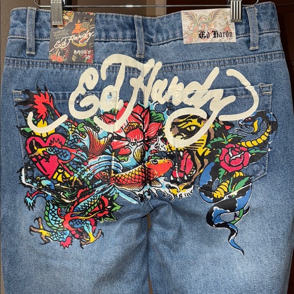 Ed Hardy | Jeans | Ed Hardy Blue Jeans Baggy Light Wash Painted Tattoo ...